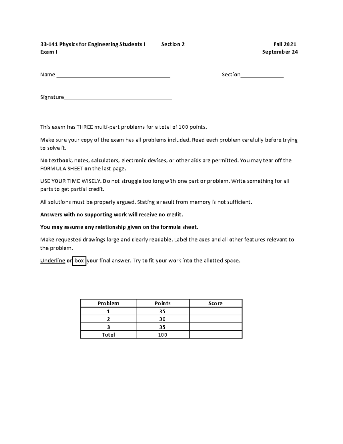 Exam 1 Version 2 F21 Solutions - 33-141 Physics for Engineering ...