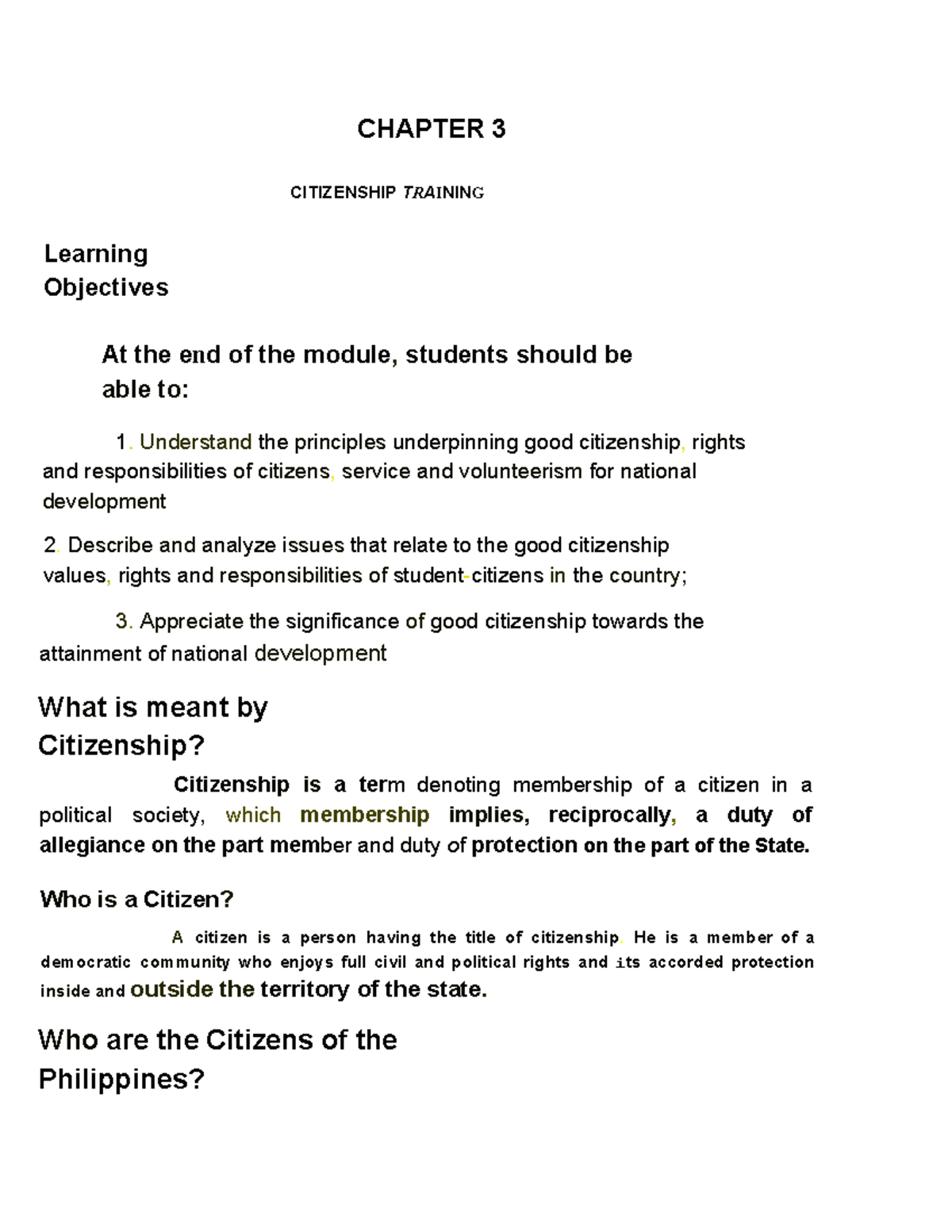 Module 1 Citizenship Training - CHAPTER 3 CITIZENSHIP TRA INING ...