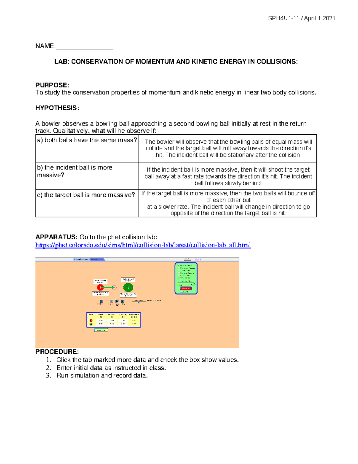 Lab momentum - NAME:________________ LAB: CONSERVATION OF MOMENTUM AND ...