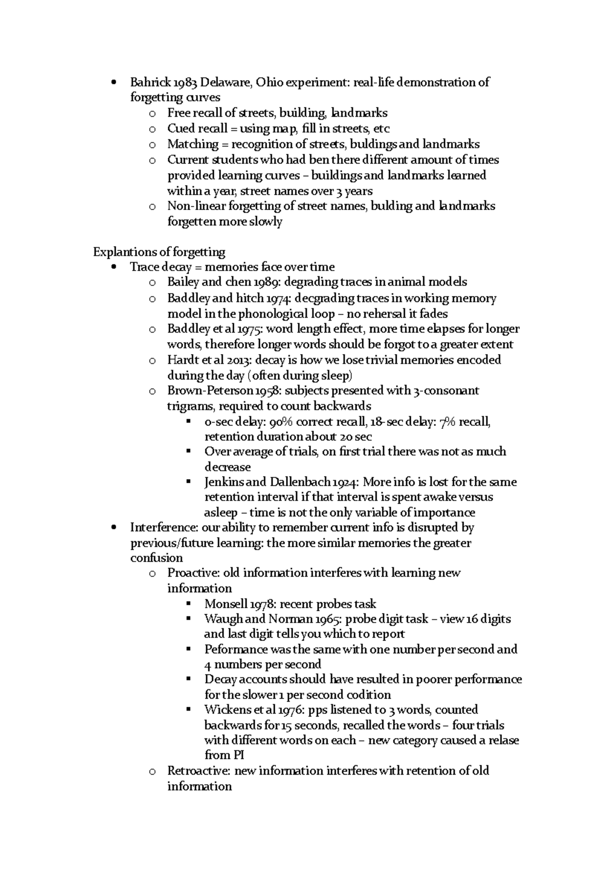 Memory - Notes - Bahrick 1983 Delaware, Ohio experiment: real-life ...