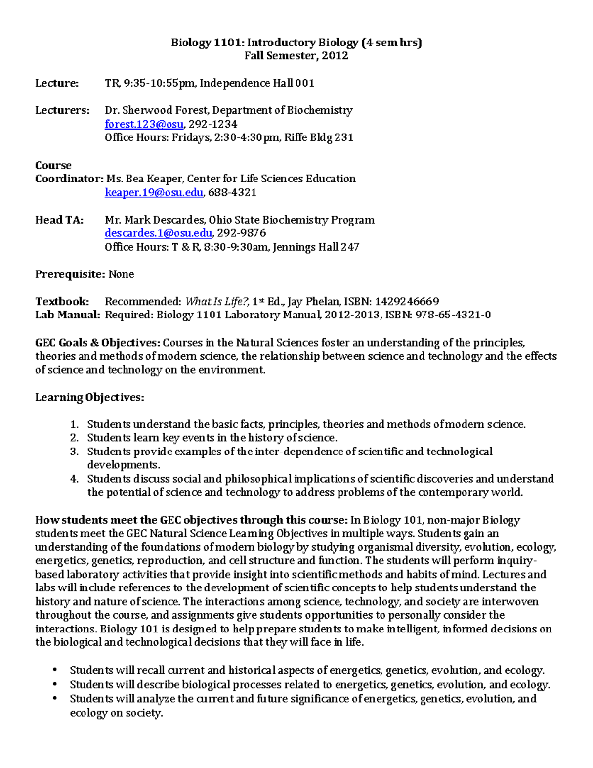 Biology 1101 Syllabus Fall Sem 2012 MOCK - Biology 1101: Introductory ...