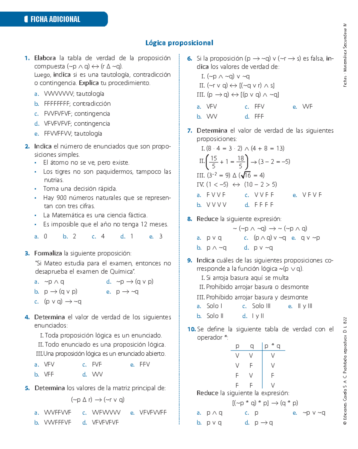 FA Lógica proposicional - FICHA ADICIONAL Fichas - Matemática Secundaria IV © Ediciones Corefo S ...