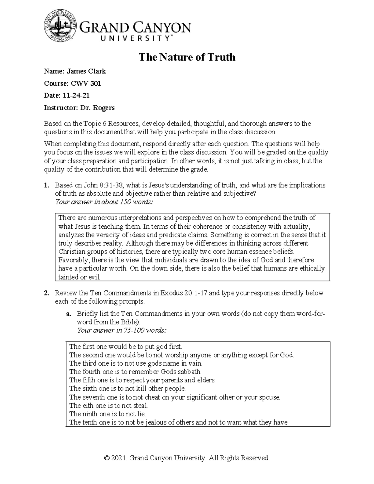 CWV 301 RS T6The Nature Of Truth On Ground - The Nature of Truth Name: James Clark Course: CWV ...