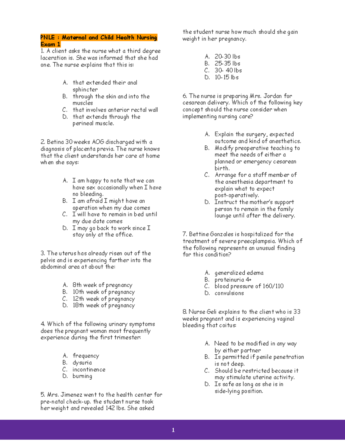 RNPedia MCN PNLE - n/a - PNLE : Maternal and Child Health Nursing Exam ...