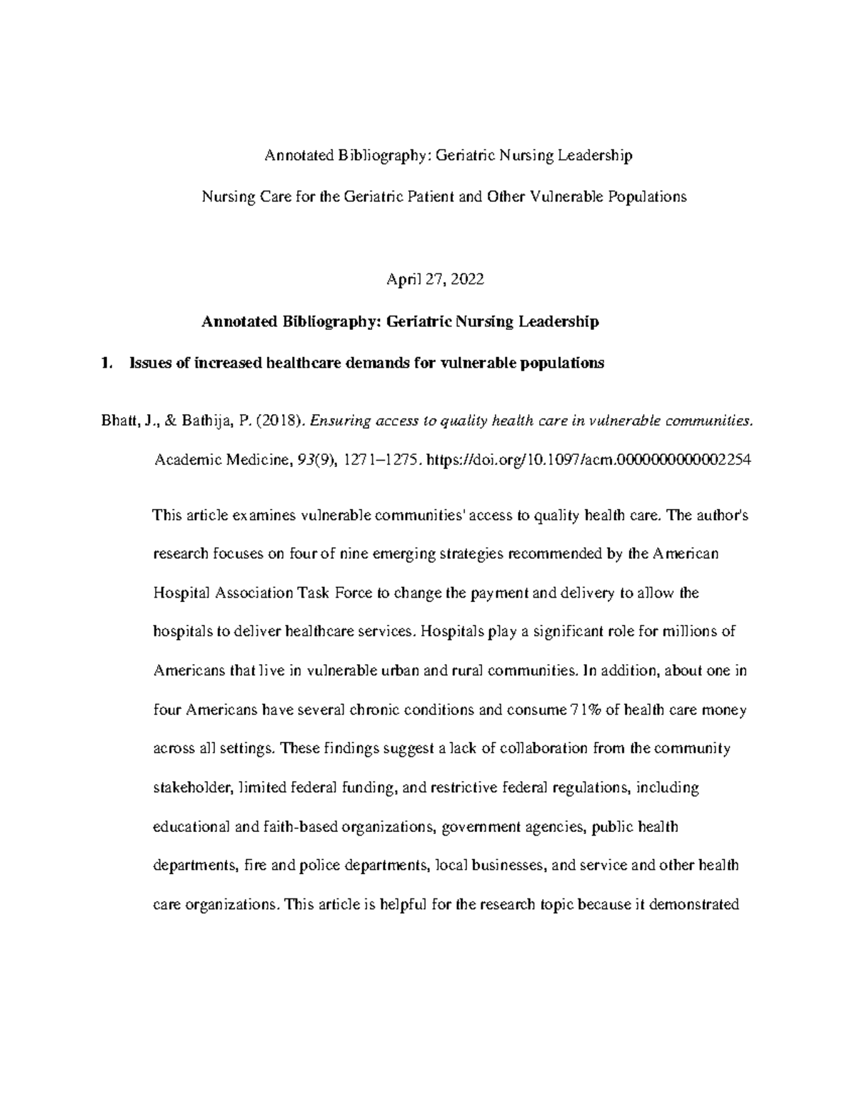 Annotated Bibliography- Geriatric Nursing Leadership - , & Bathija, P ...