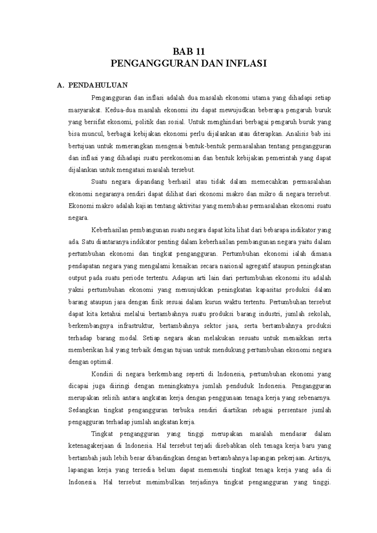 BUKU Chapter Ekonomi Makro-KLP 11 - BAB 11 PENGANGGURAN DAN INFLASI A. PENDAHULUAN Pengangguran ...