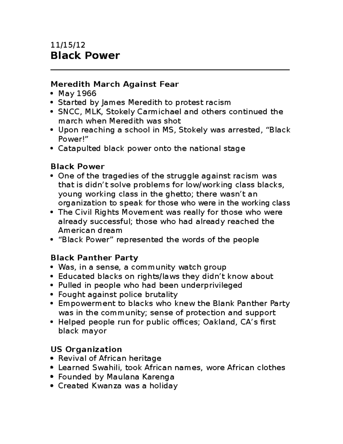 11-15-12 Black Power - Lecture notes 14 - 11/15/12 Black Power - Studocu