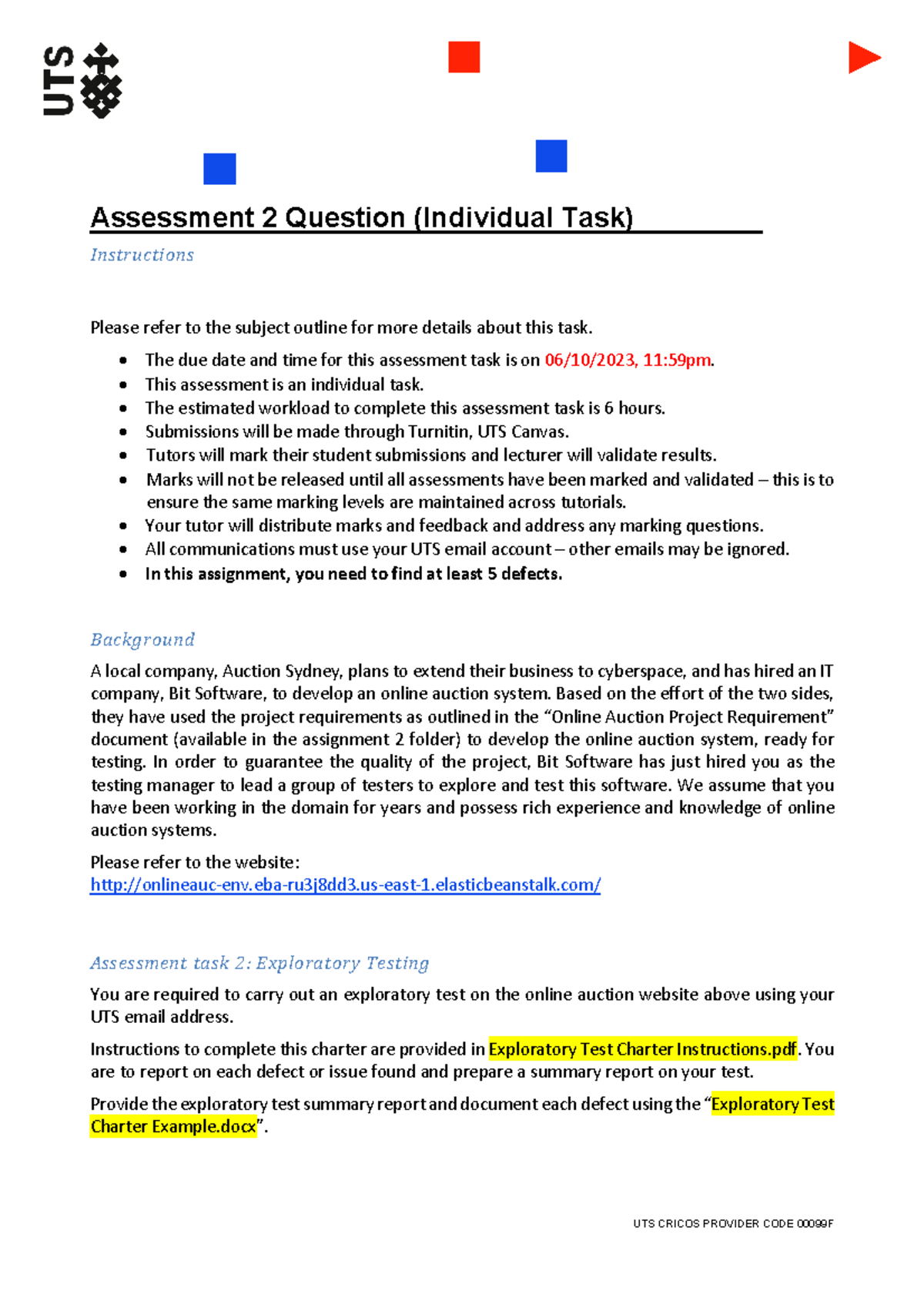 Assessment Task 2 - Overview - UTS CRICOS PROVIDER CODE 00099F ...