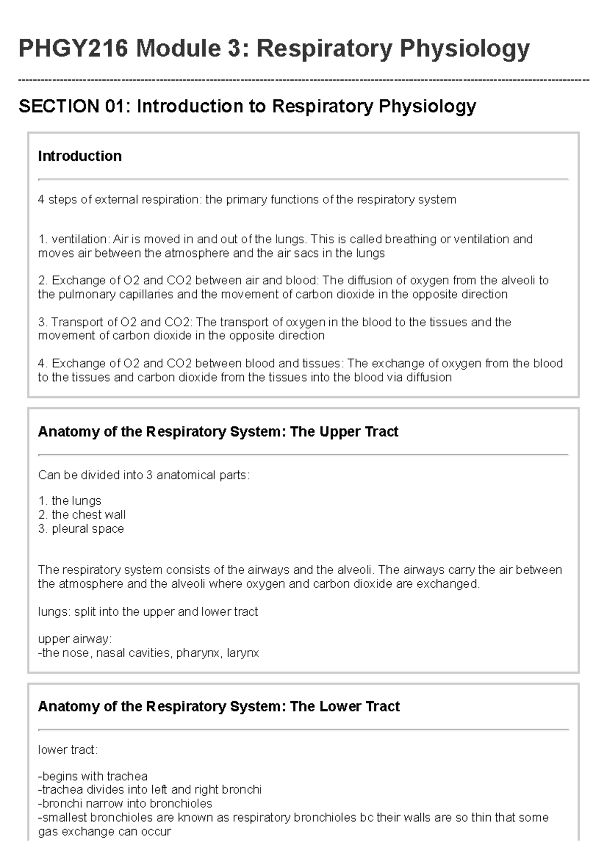 Mod 3 notes - PHGY216 Module 3: Respiratory Physiology SECTION 01 ...