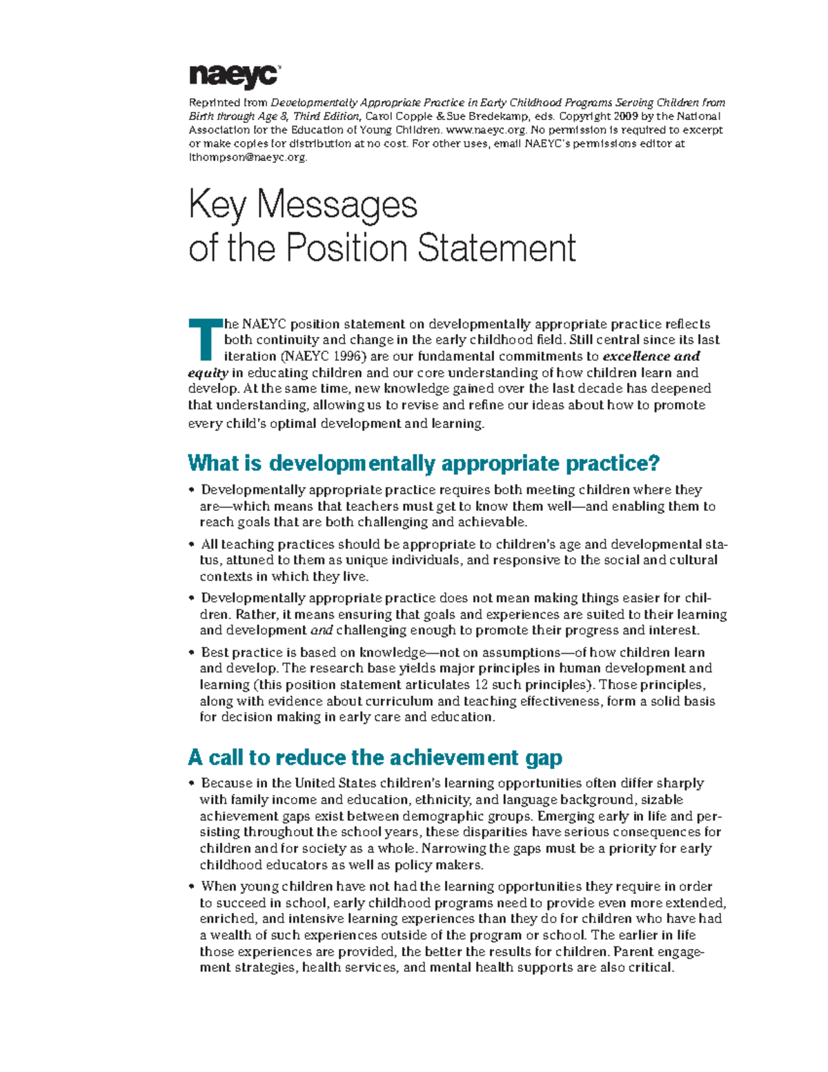 Key Messages - T he NAEYC position statement on developmentally ...