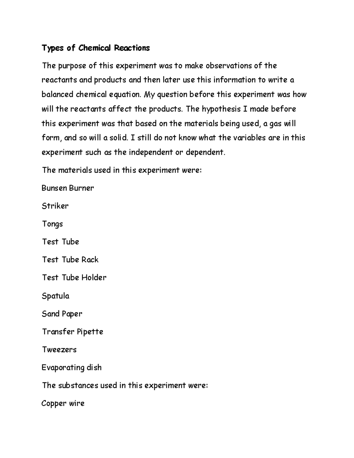 Lab types of reactions report. (2) - Types of Chemical Reactions The ...