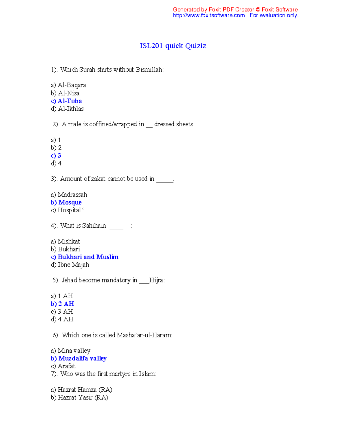 Isl 201lastet Solved mcqs by Ali - ISL201 quick Quiziz 1). Which Surah ...