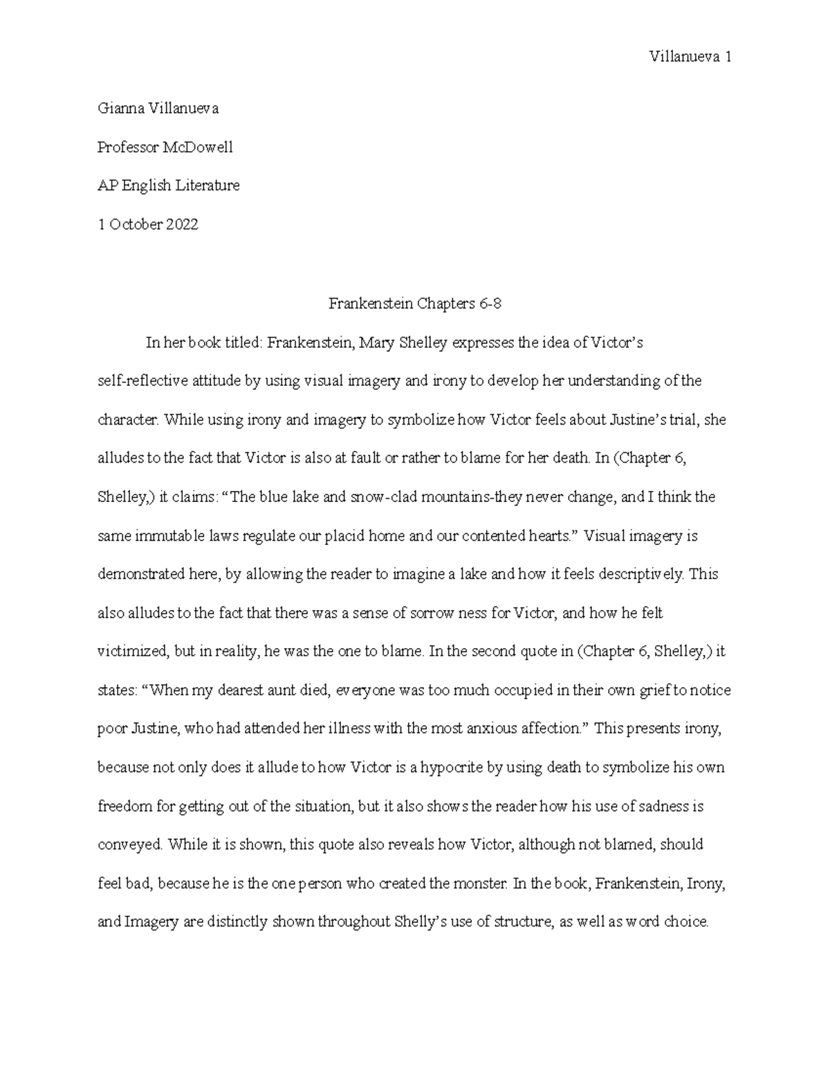 Frankenstein Chapters 6-8 - Villanueva 1 Gianna Villanueva Professor ...