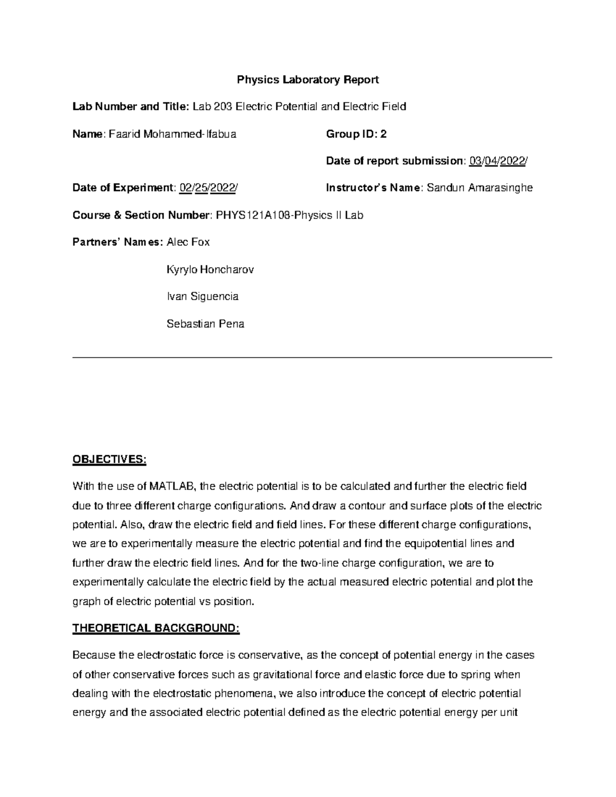 Physics Laboratory Report 203 121A ehuh - Physics Laboratory Report Lab ...