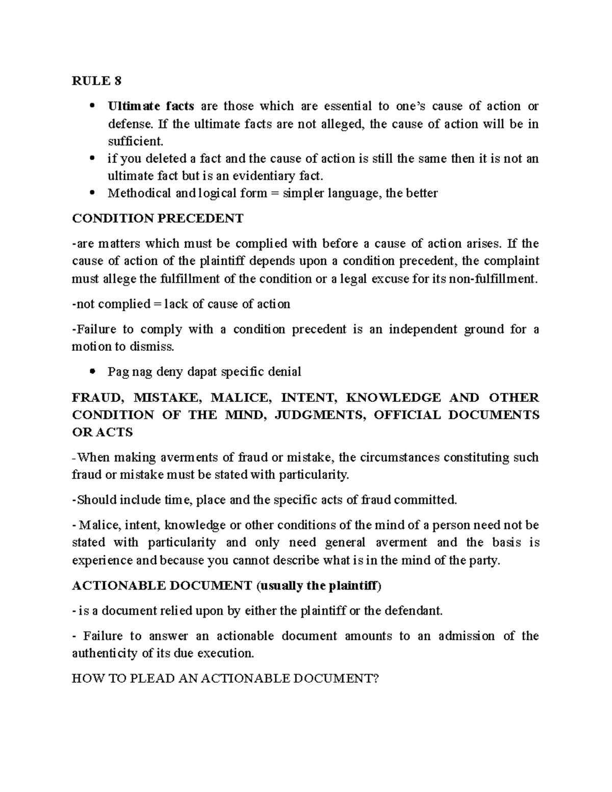 Civpro RULE 8 - notes on civ pro - RULE 8 Ultimate facts are those ...