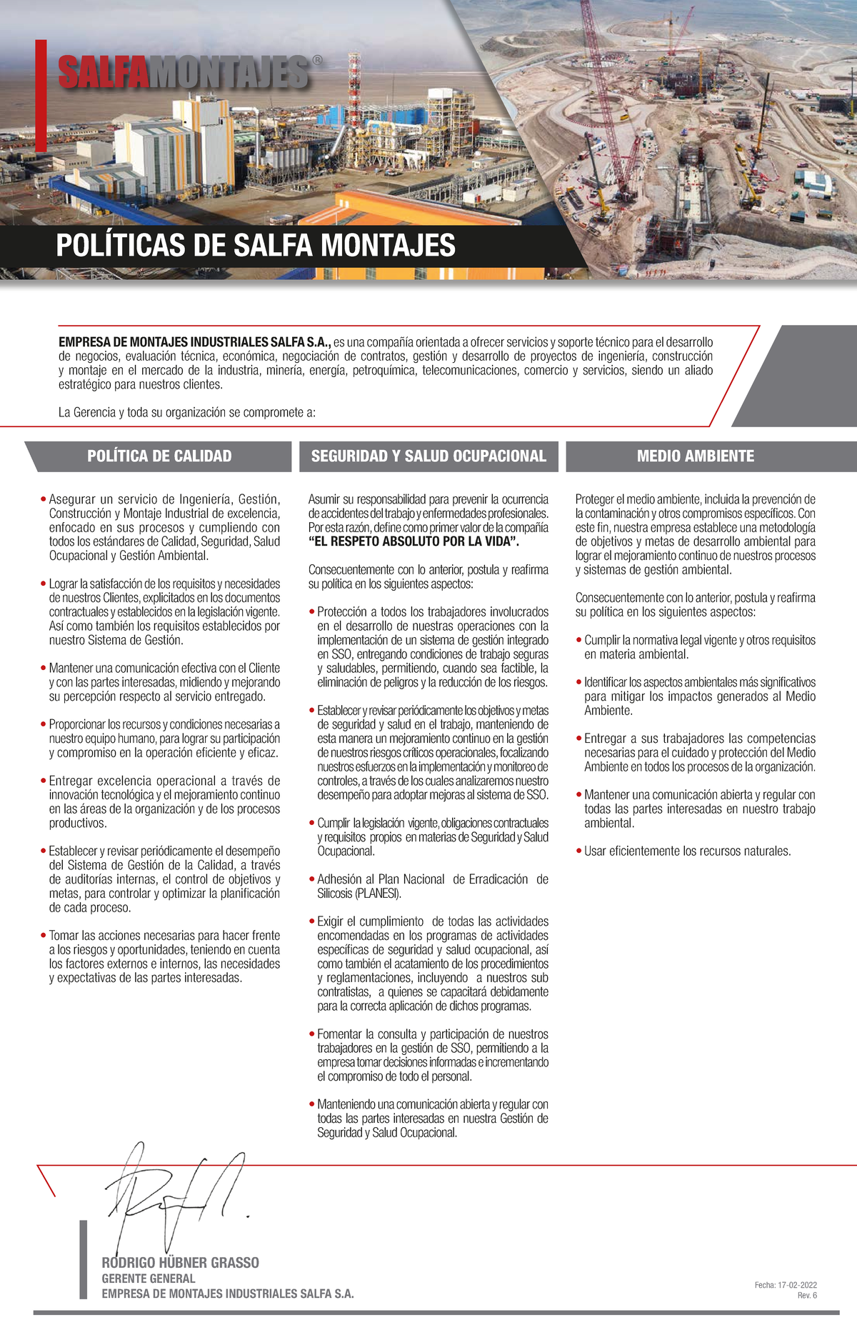 01. Politica Salfamontajes REV.6 - POLÍTICAS DE SALFA MONTAJES POLÍTICA ...