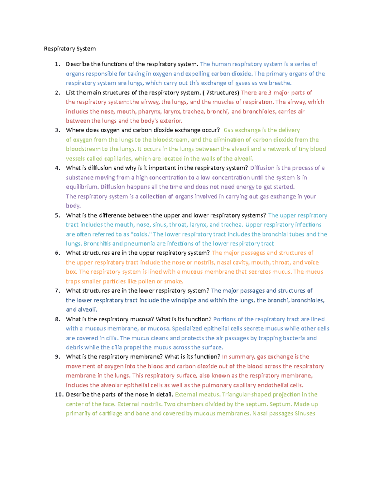 Respiratory HW - Respiratory System Describe the functions of the ...