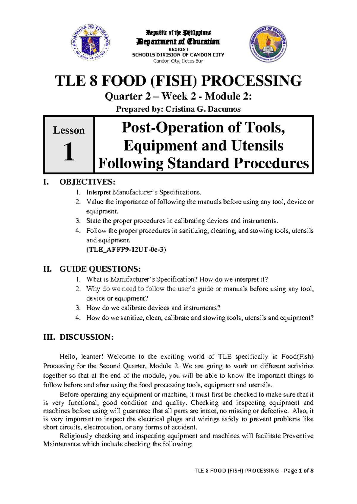 TLE 8 Food Processing Q2 W2 M2 LDS - Studocu