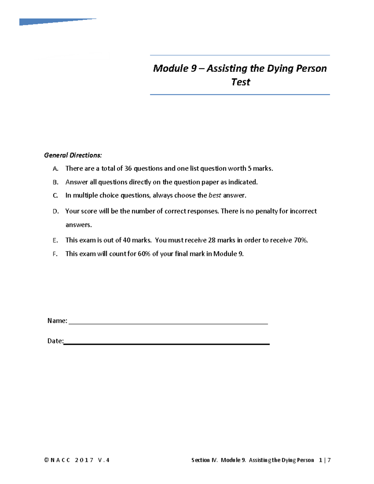 IV-10 Test - Module 9 Assisting the Dying Person Form Fill - Module 9 ...