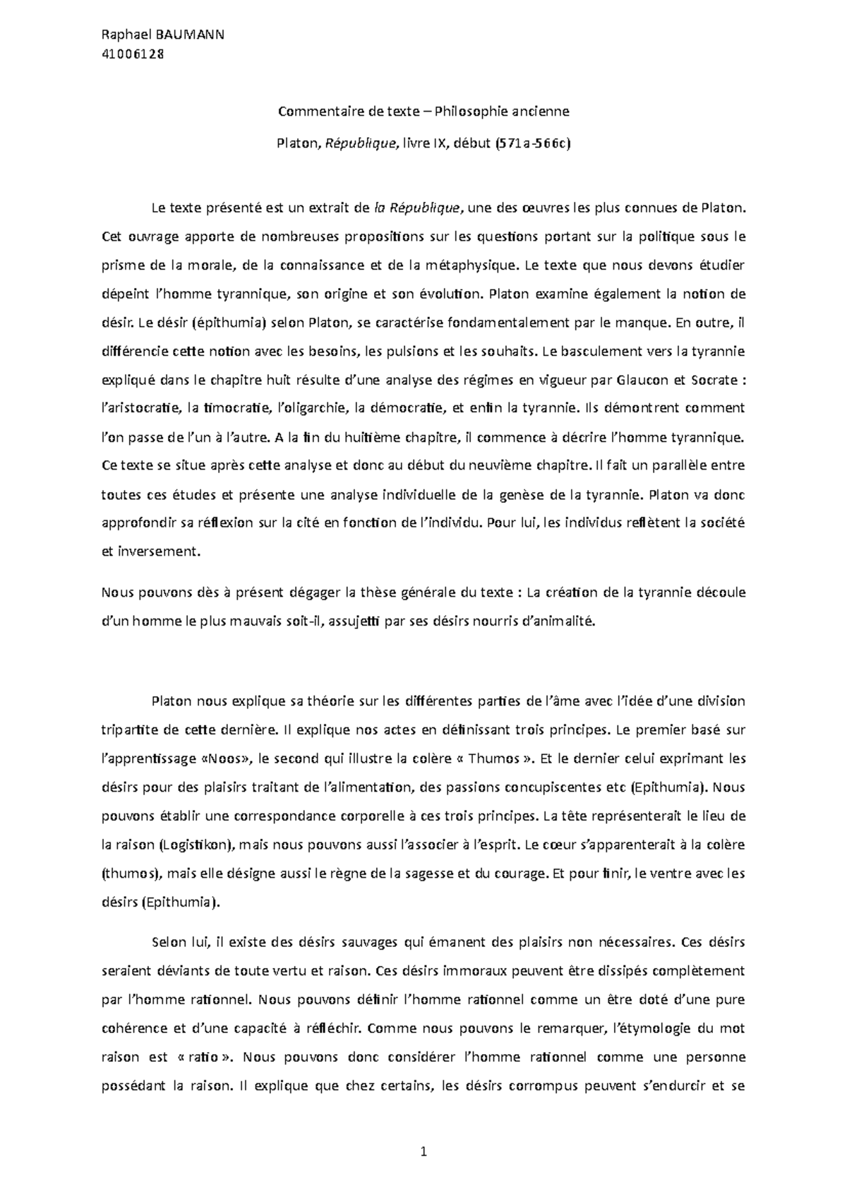 Commentaire philosophie Platon RB - 41006128 Commentaire de texte ...