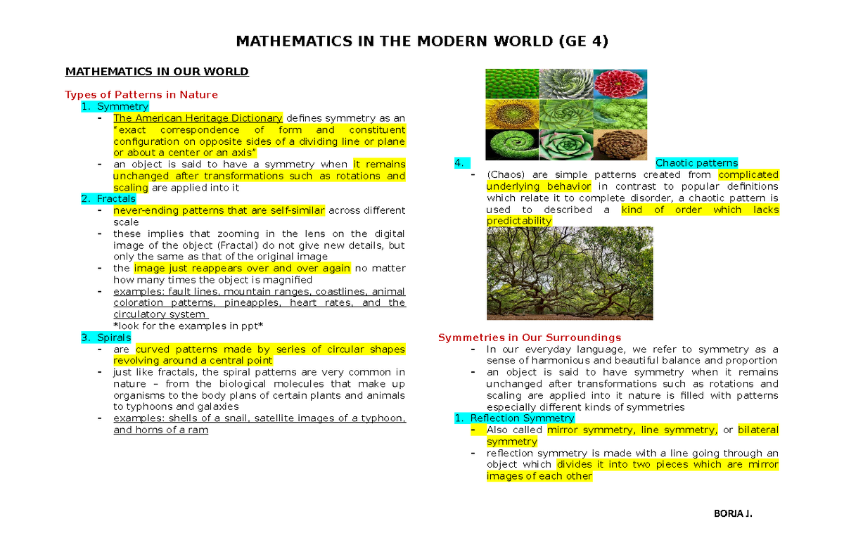Reviewer - MATHEMATICS IN OUR WORLD Types of Patterns in Nature 1 ...