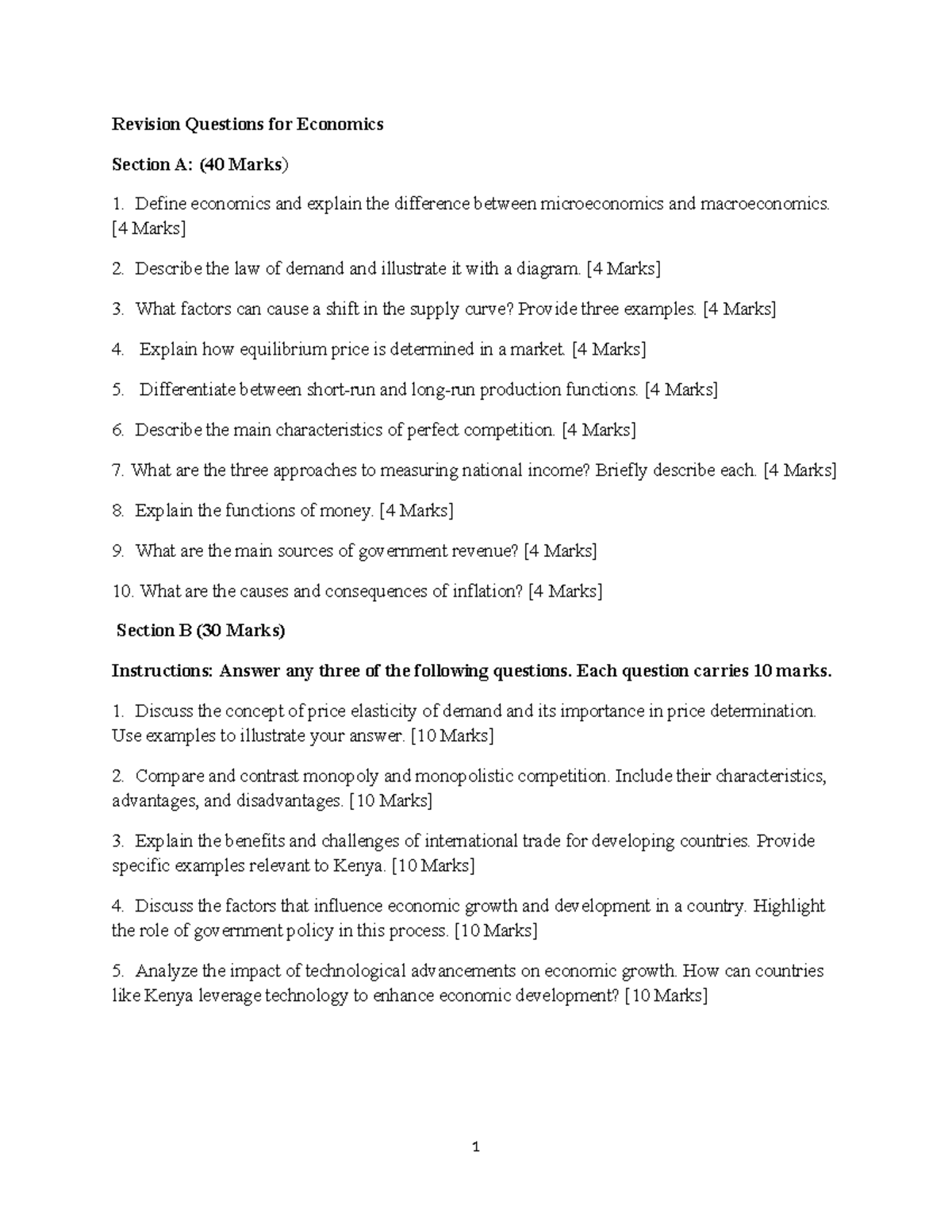 Economics QUIZ - Revision Questions for Economics Section A: (40 Marks ...