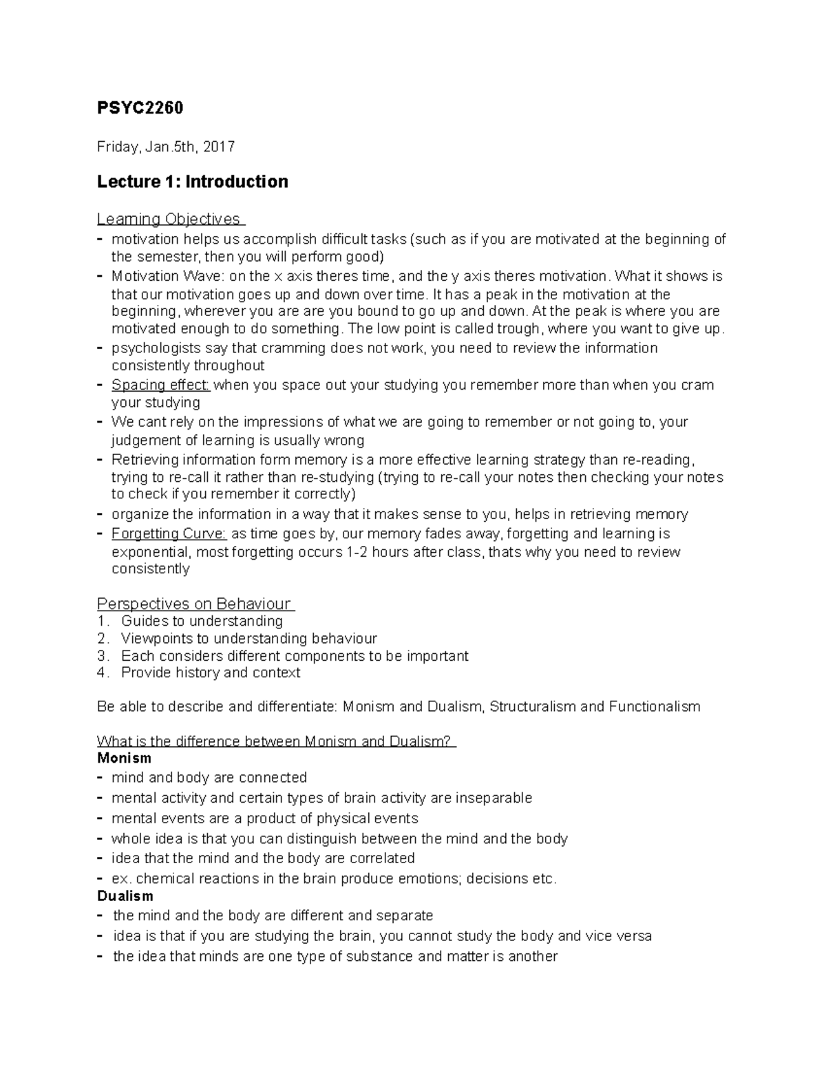 Lecture 1 Jan - PSYC Friday, Jan, 2017 Lecture 1: Introduction Learning Objectives - motivation ...