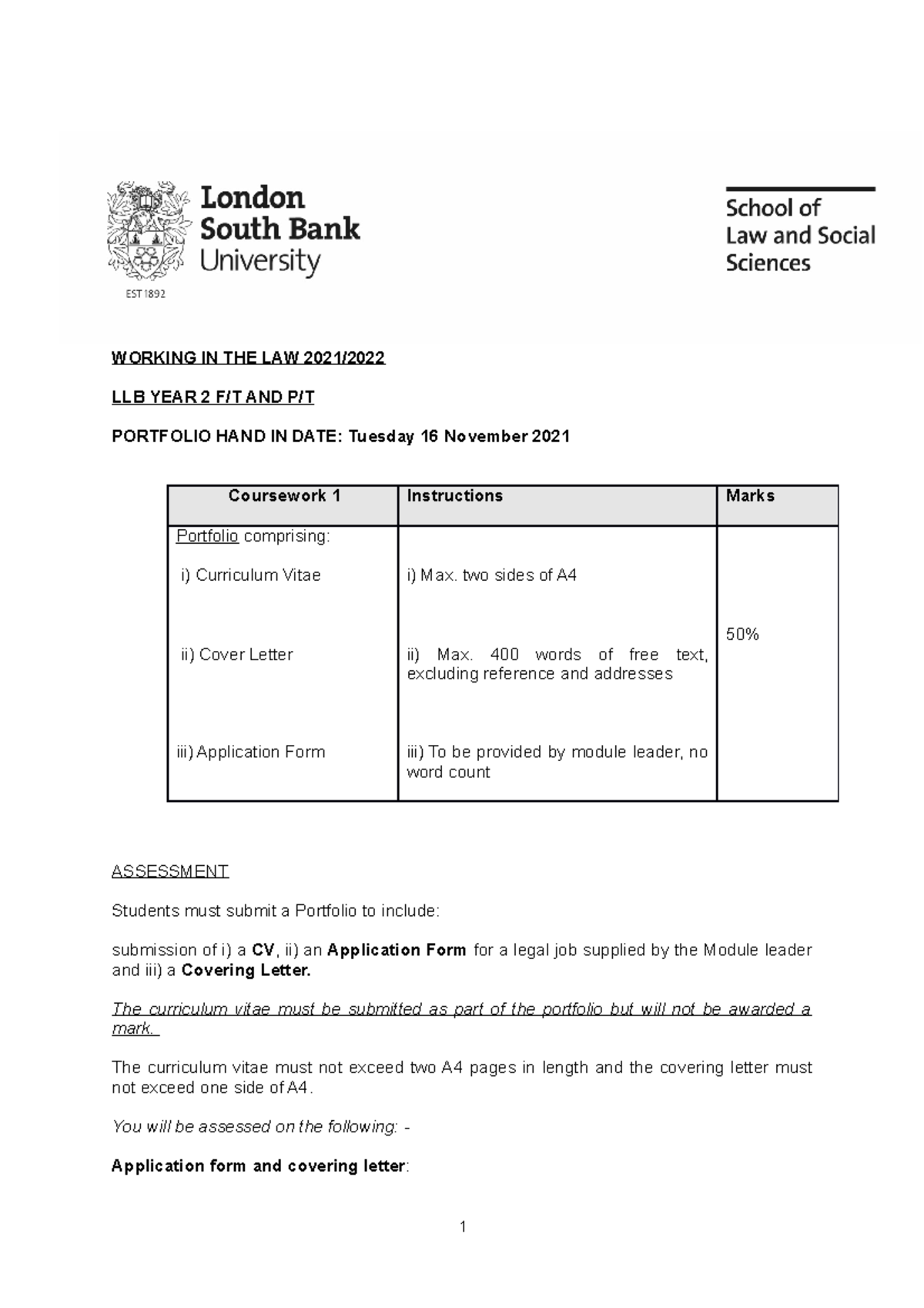 Course work 1 instructions law assignment - WORKING IN THE LAW 2021 ...
