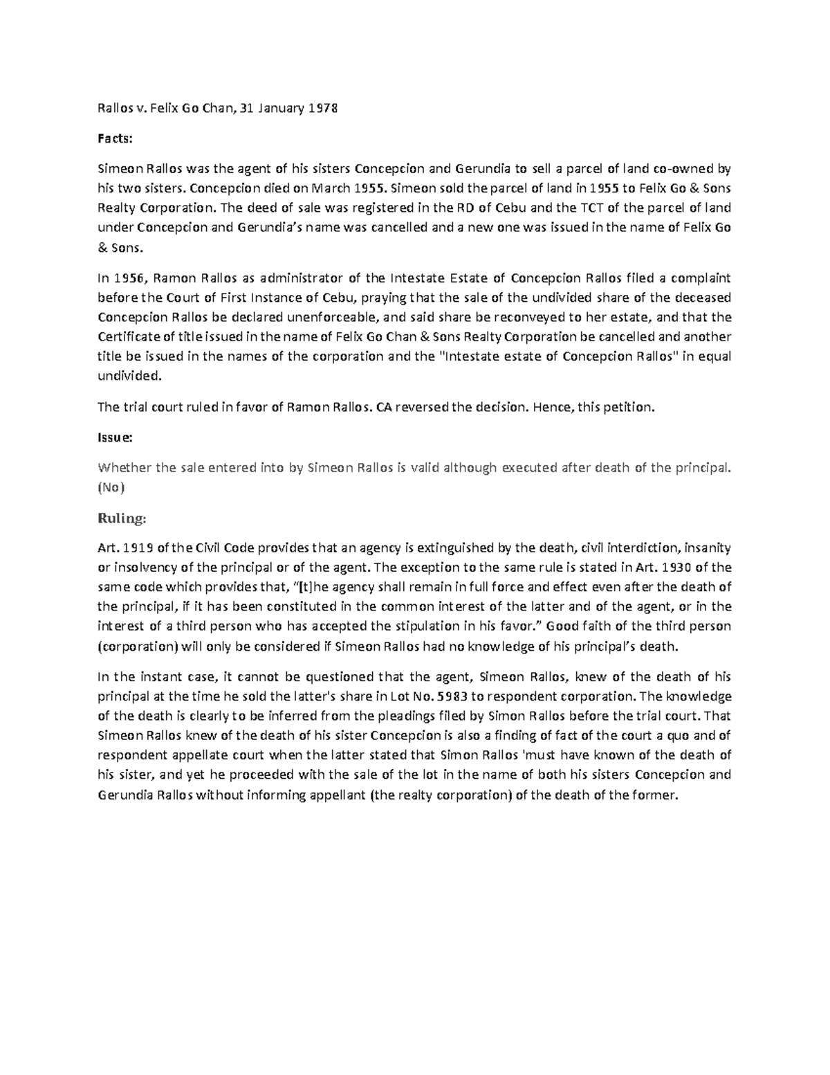 Rallos v Felix Go Chan digest - Rallos v. Felix Go Chan, 31 January ...
