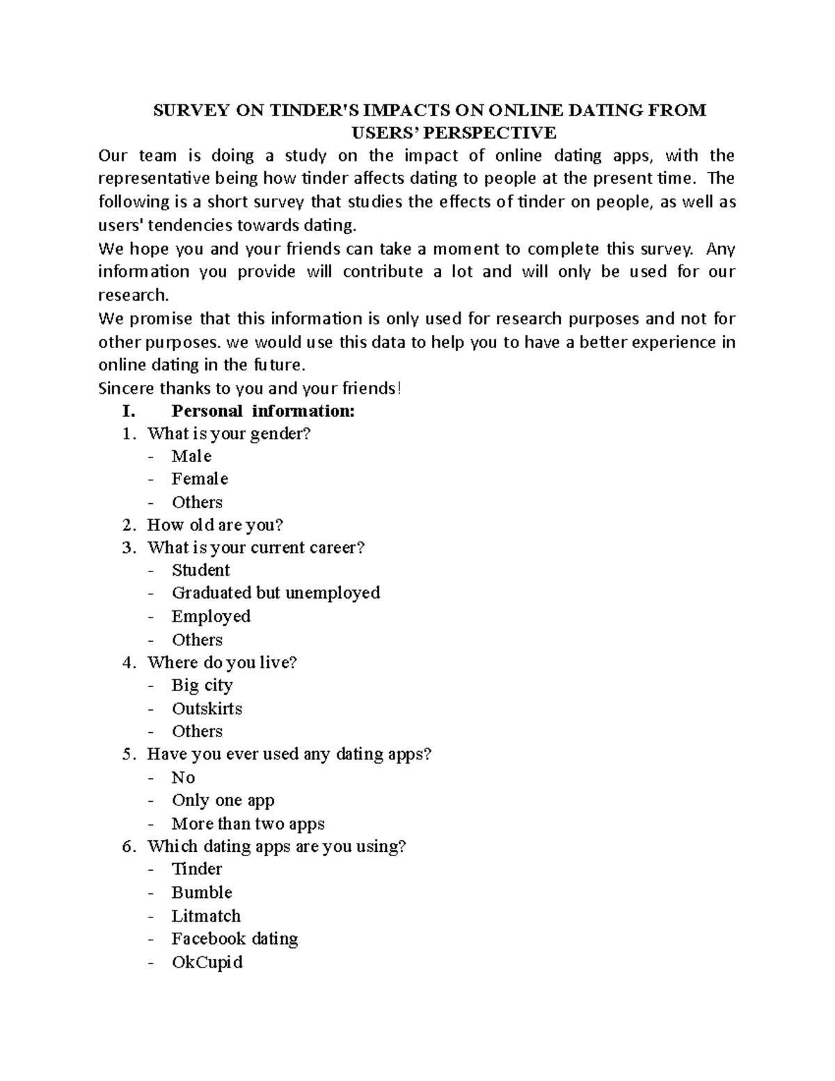 Questionaire About Tinder SURVEY ON TINDER S IMPACTS ON ONLINE DATING questionaire-about-tinder-survey-on-tinder-s-impacts-on-online-dating