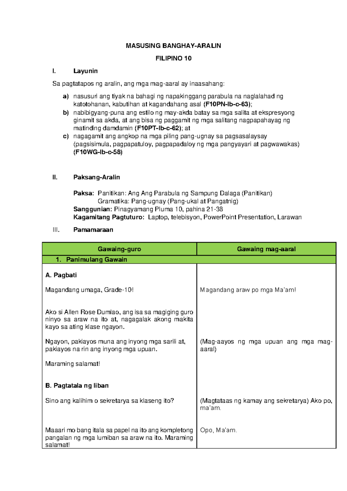 Lesson PLAN Grade 10 Parabula - MASUSING BANGHAY-ARALIN FILIPINO 10 I ...
