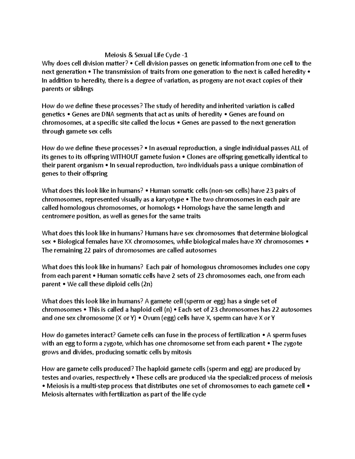 Bio Chapter 13 1-2 notes - Meiosis & Sexual Life Cycle - Why does cell ...