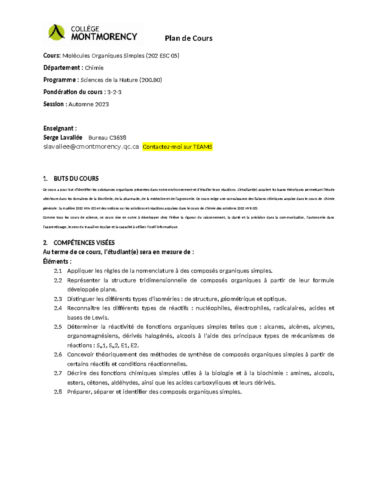 Plan cours chimie - Plan de Cours Cours: Molécules Organiques Simples ...