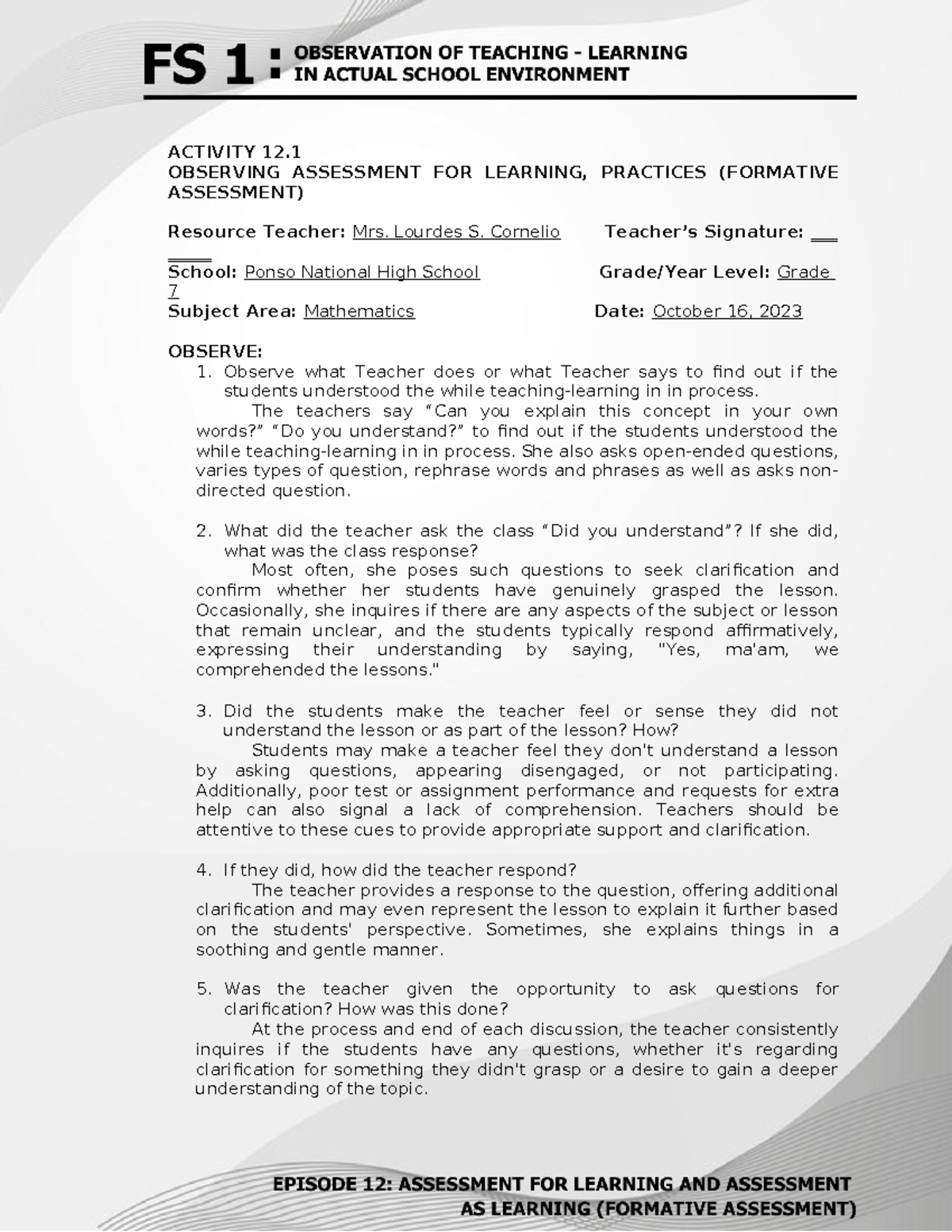 FS1 Episode 12 - ACTIVITY 12. OBSERVING ASSESSMENT FOR LEARNING ...