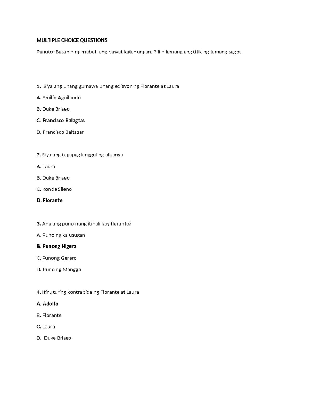 Florante AT Laura - MCQ - MULTIPLE CHOICE QUESTIONS Panuto: Basahin ng ...