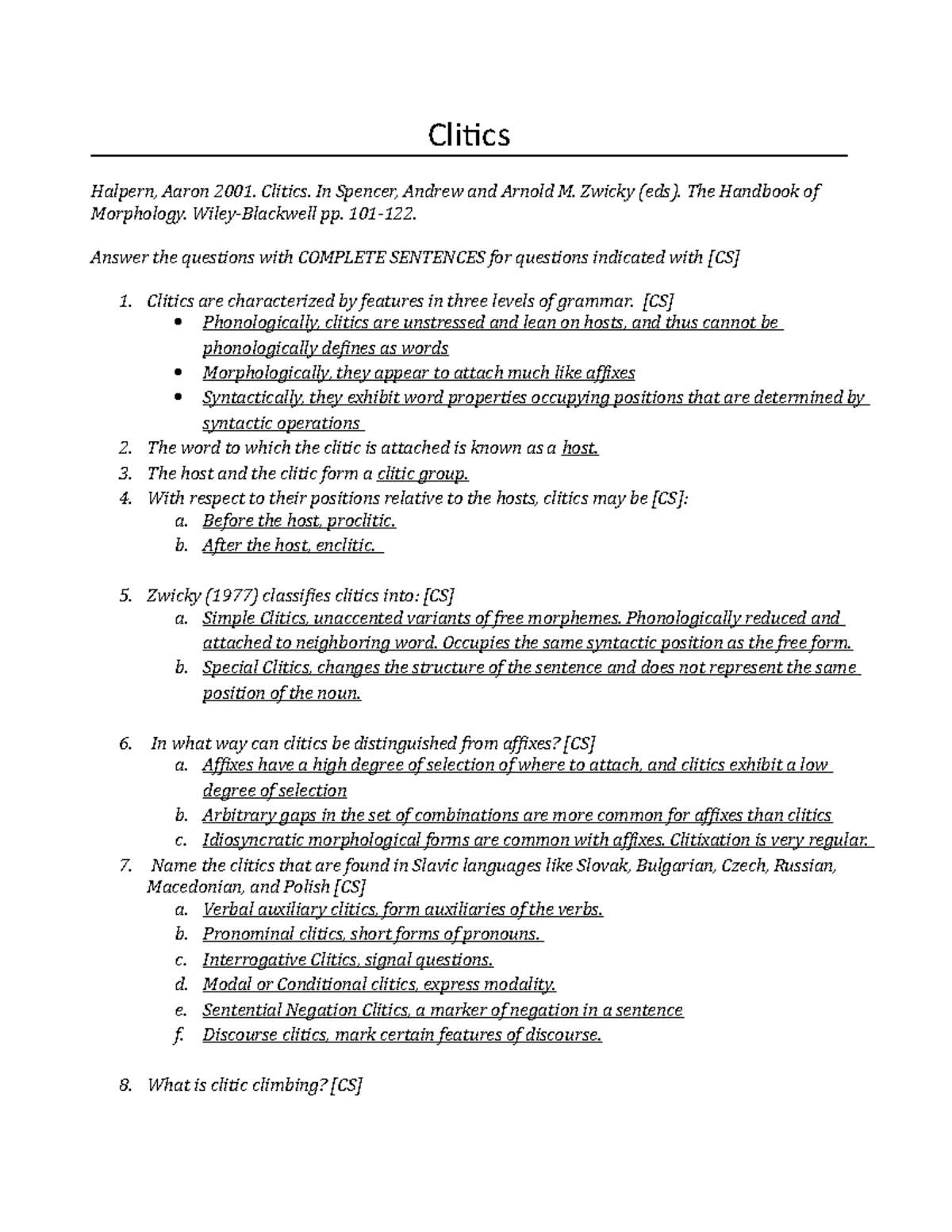 Quiz7 - quiz 7 - Clitics Halpern, Aaron 2001. Clitics. In Spencer ...