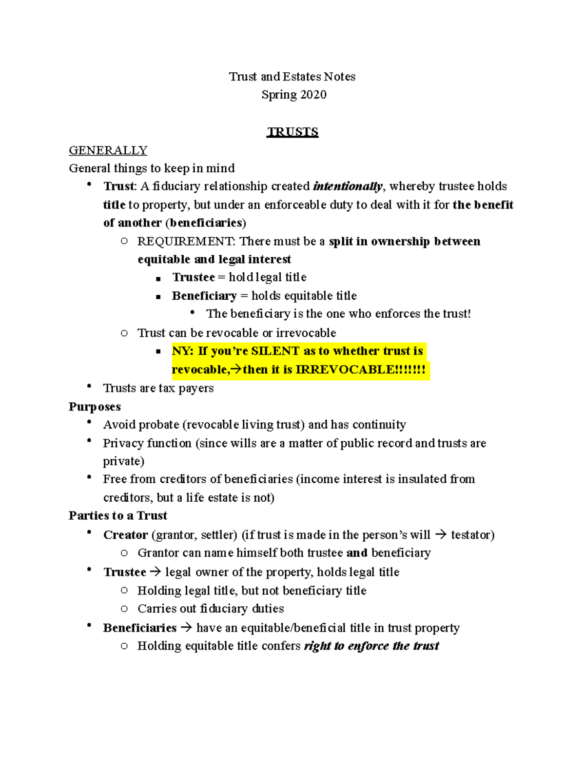 General Types of Trusts - Trust and Estates Notes Spring 2020 TRUSTS ...