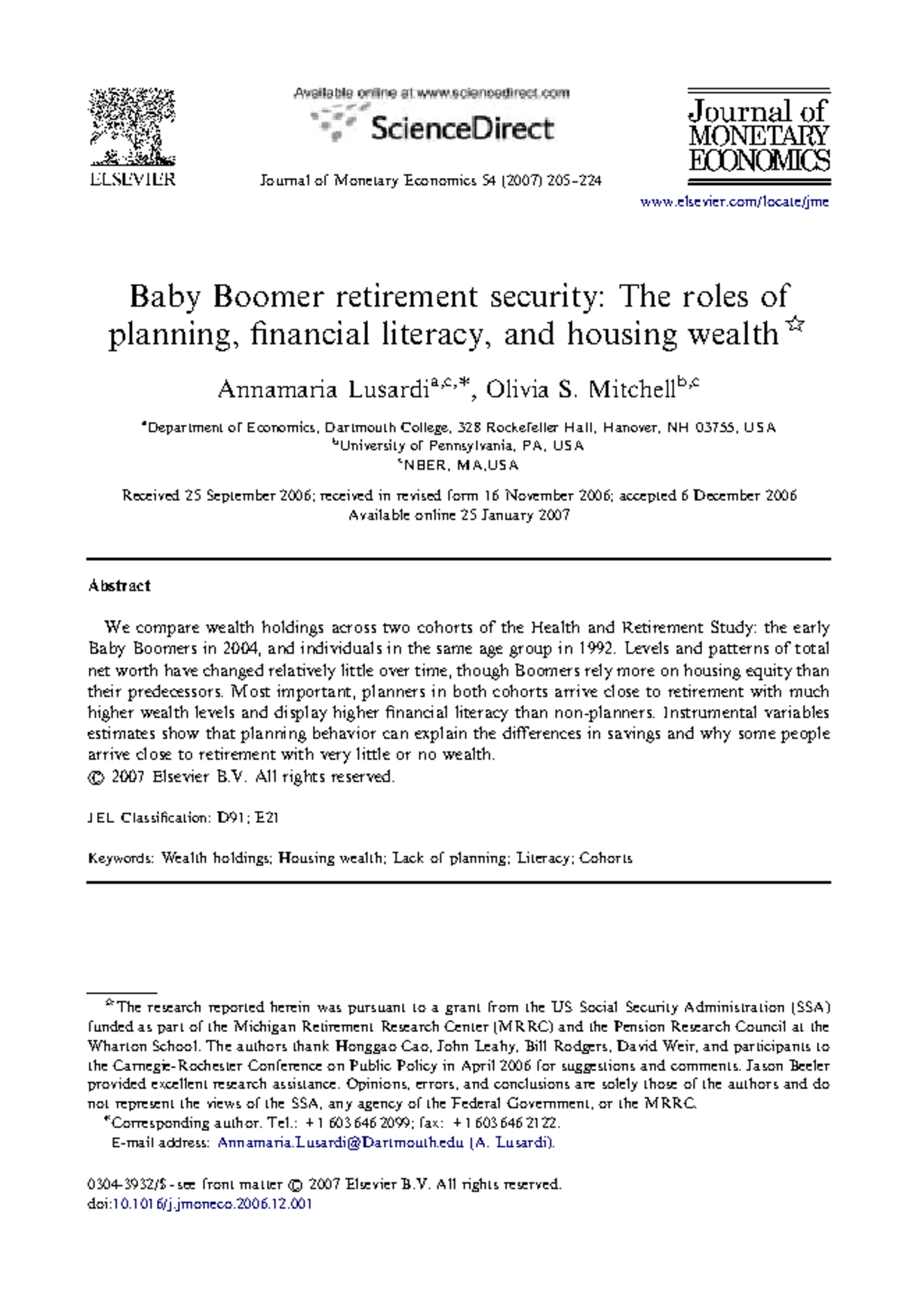 Baby Boomer retirement security The roles of - Journal of Monetary ...