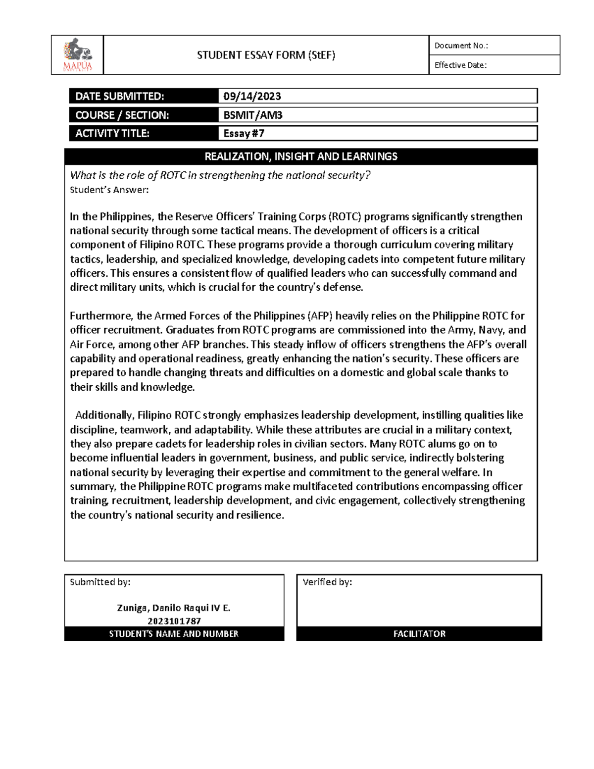 Zuniga DR-NSTP100-AM3-E7 - STUDENT ESSAY FORM (StEF) Document No ...
