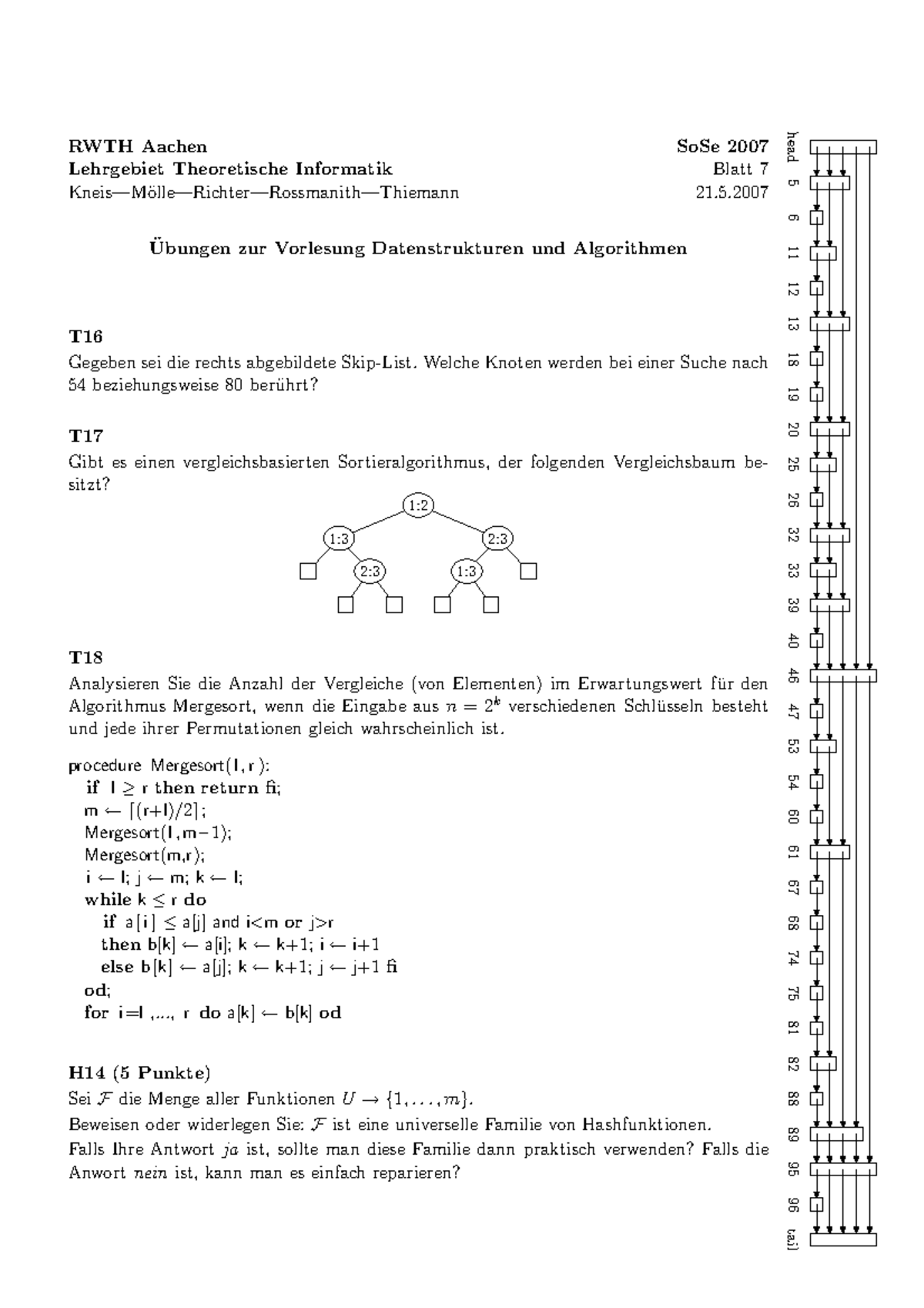 Datenstrukturen und Algorithmen - Vorklausur mir Lösungen - head 5 6 11 12 13 18 19 20 25 26 32 ...