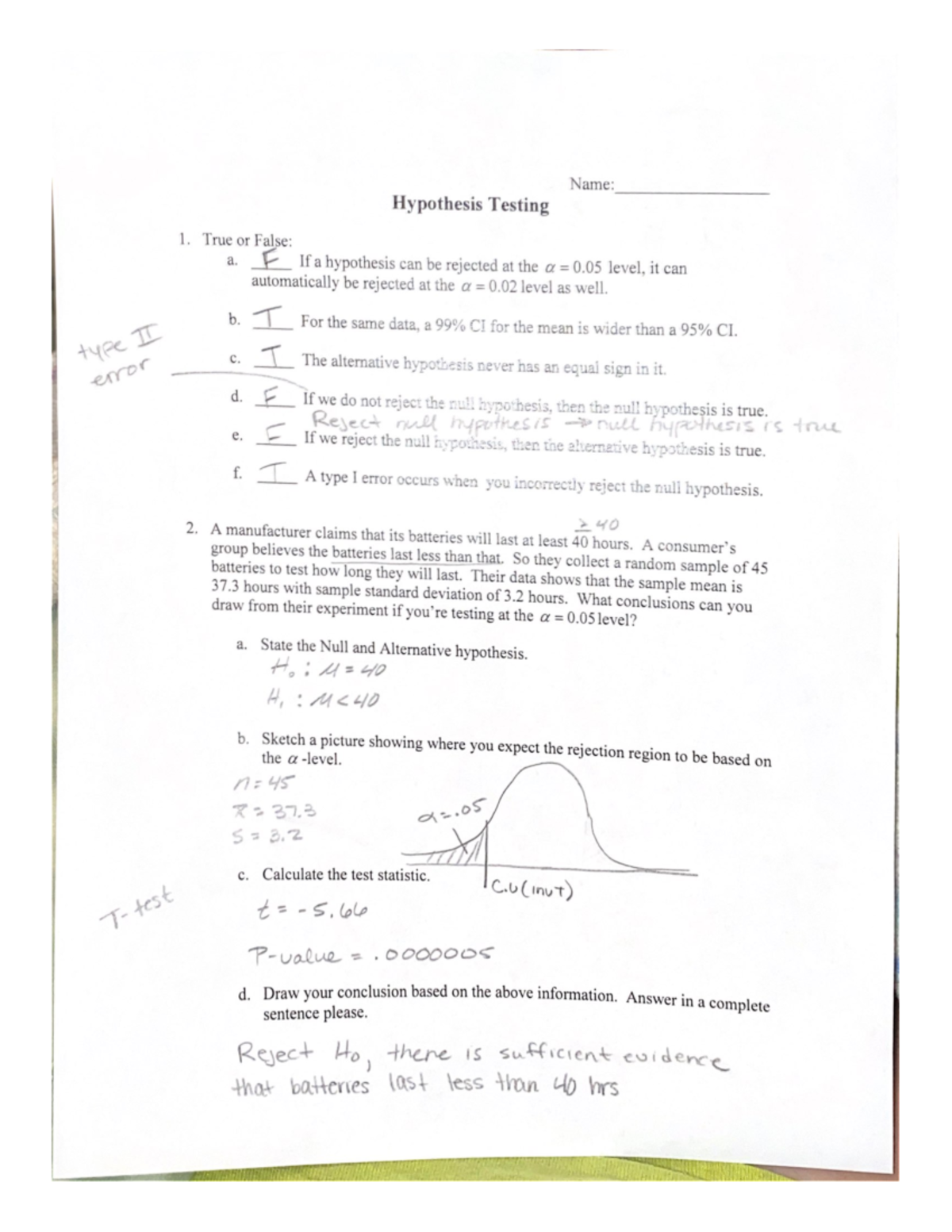 Hypothesis Testing Worksheet - BUS 205 - Studocu