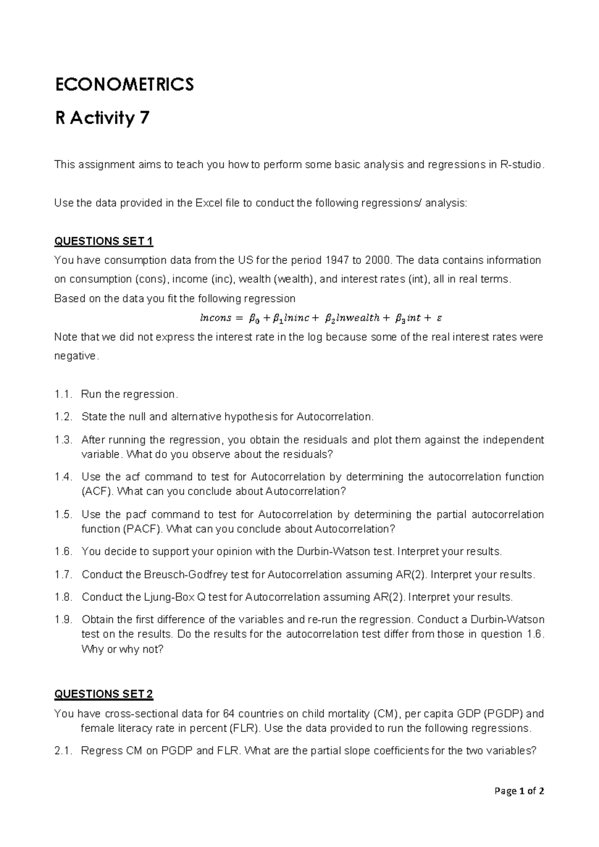 Econometrics R exercise 7 - Page 1 of 2 ECONOMETRICS R Activity 7 This ...