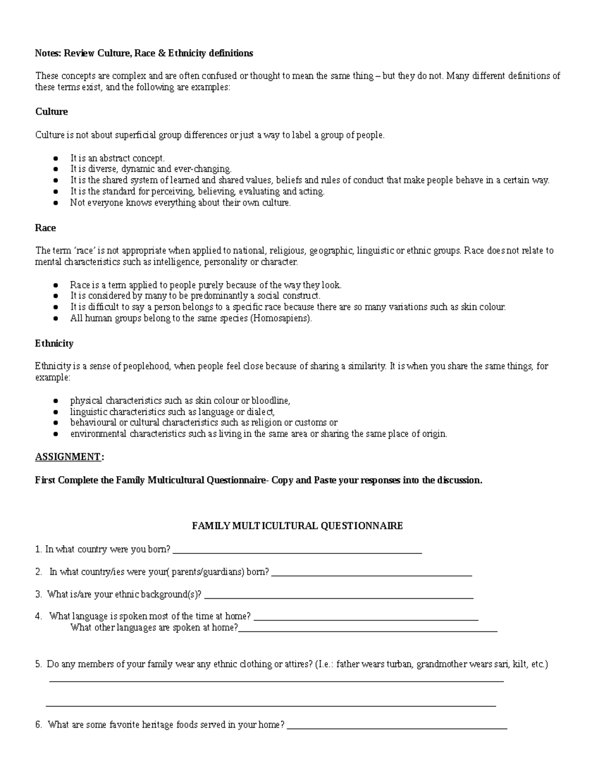 Family-Cultural-Questionnaire - Notes: Review Culture, Race & Ethnicity ...