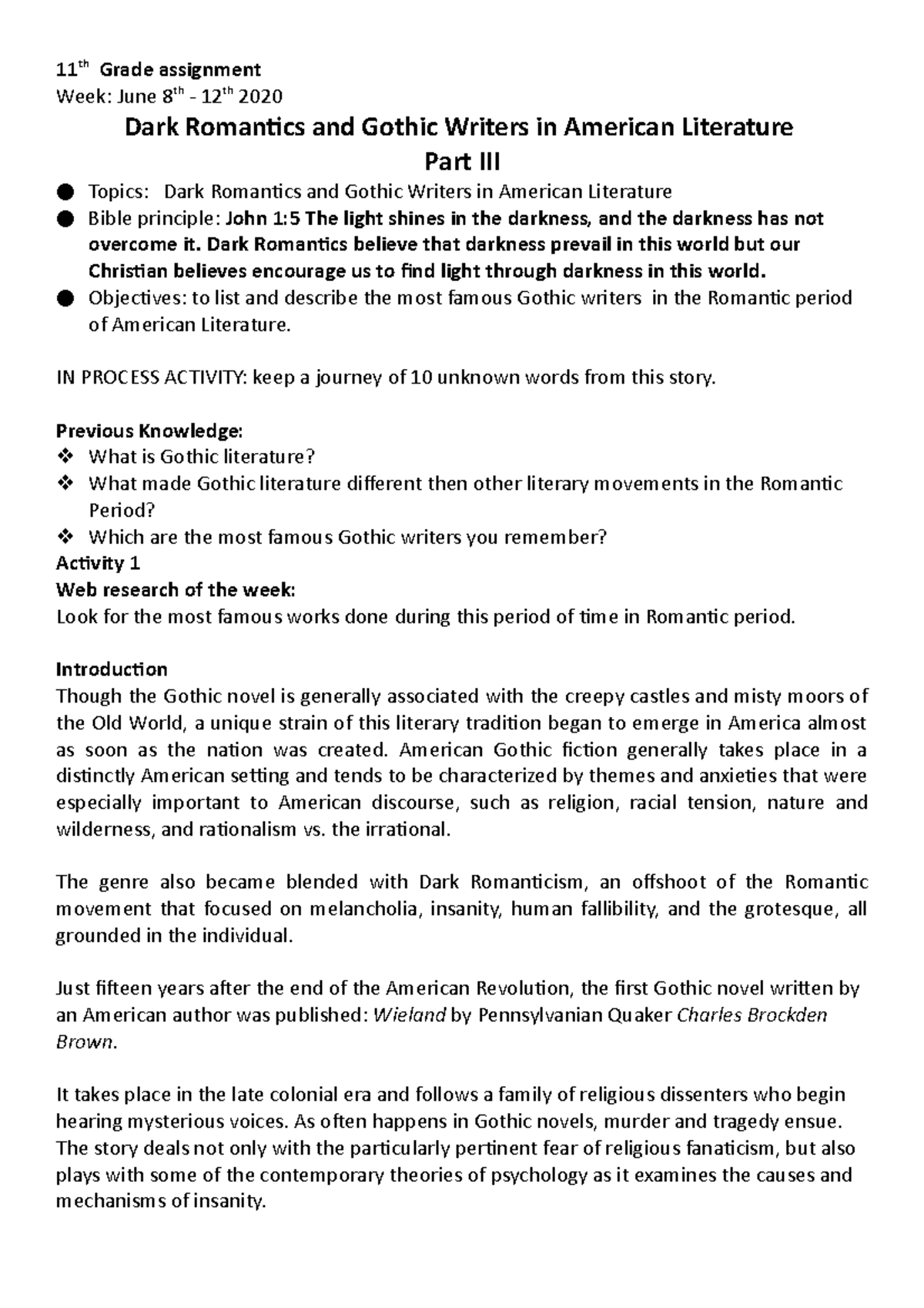 11th grade assignments - 11 th Grade assignment Week: June 8th - 12th ...