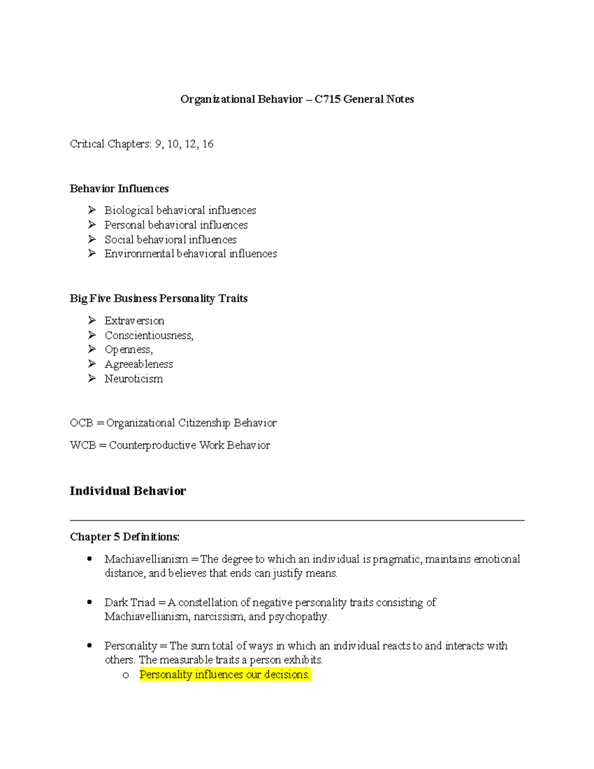 Organizational Behavior C715 Notes Part 1 - Organizational Behavior ...
