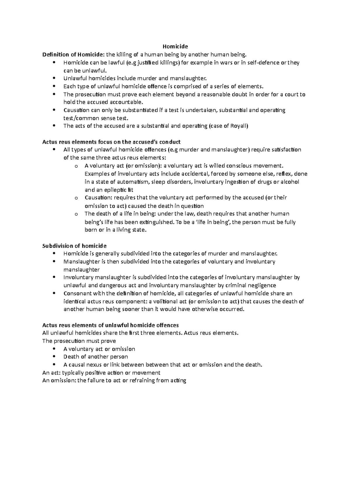 Criminal Notes for law - Homicide Definition of Homicide: the killing ...