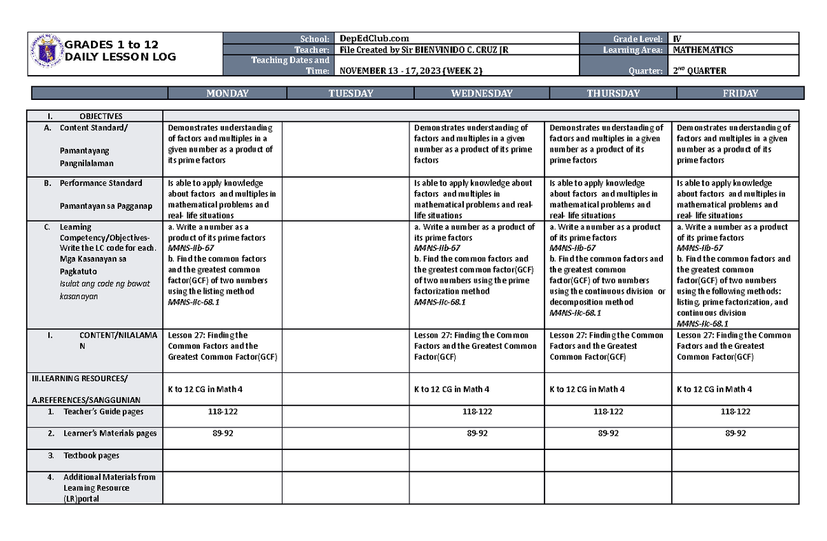 DLL Mathematics 4 Q2 W2 - Daily lesson log - GRADES 1 to 12 DAILY ...