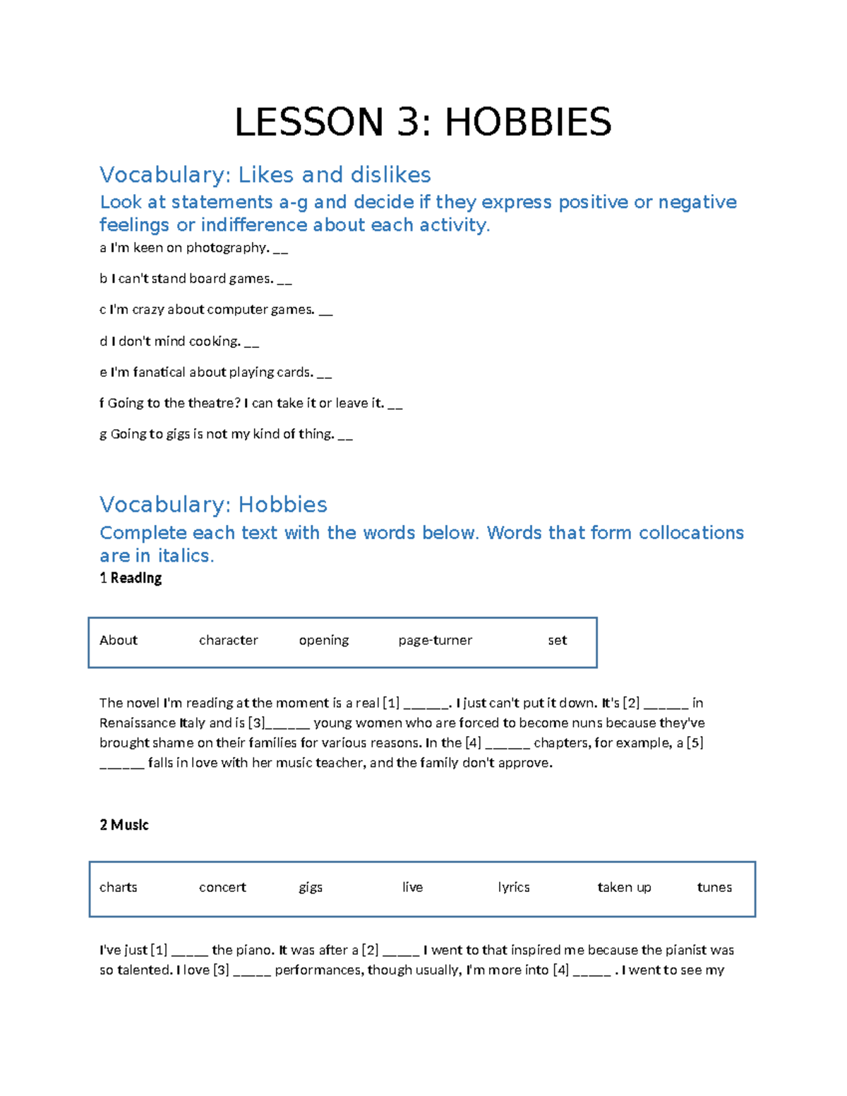 Student handout lesson 3 - LESSON 3: HOBBIES Vocabulary: Likes and ...