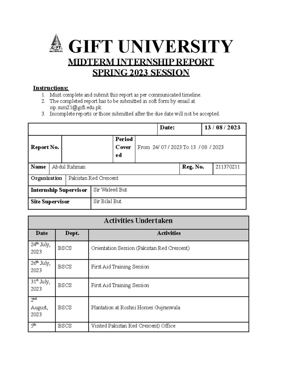 Mid Term Internship Report Spring-2023 - GIFT UNIVERSITY MIDTERM ...