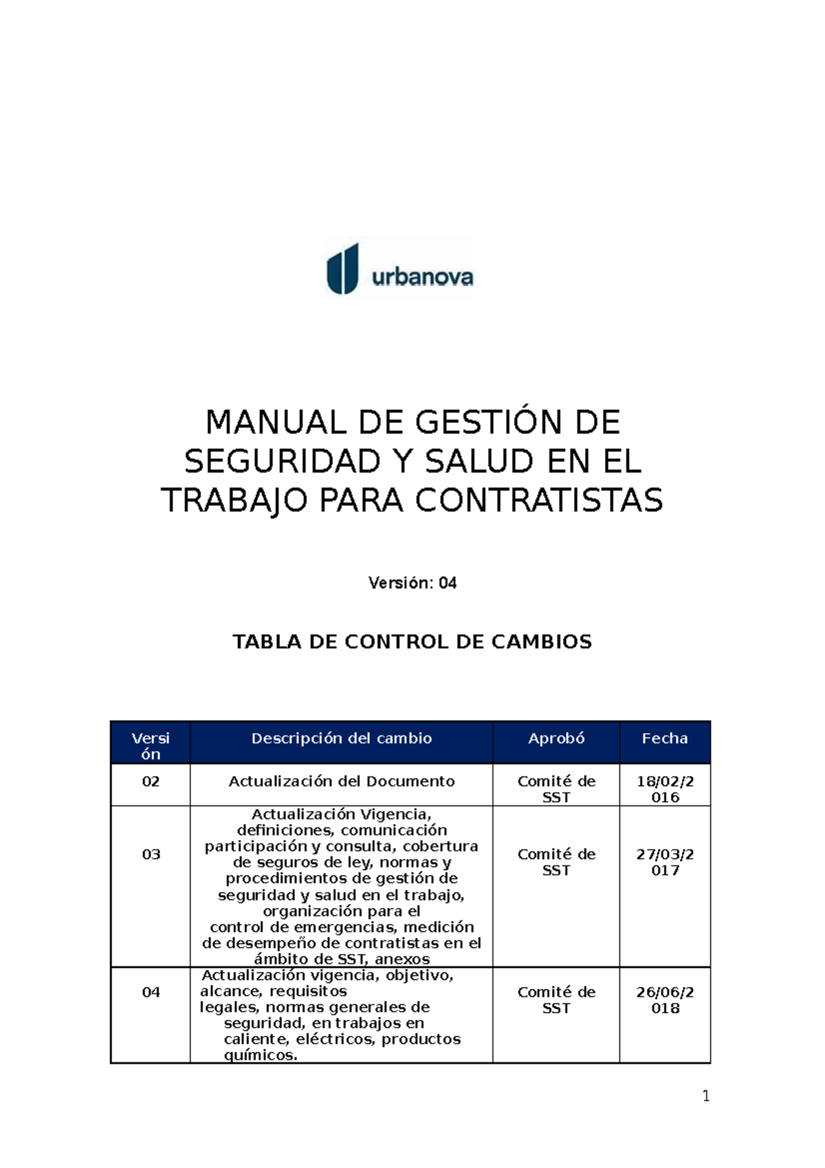 Manual DE SST para Contratistas- Urbanova V4 - 1 MANUAL DE GESTIÓN DE SEGURIDAD Y SALUD EN EL ...